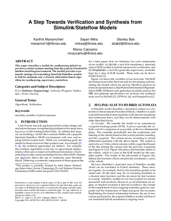 Pdf A Step Towards Verification And Synthesis From Simulink Stateflow Models