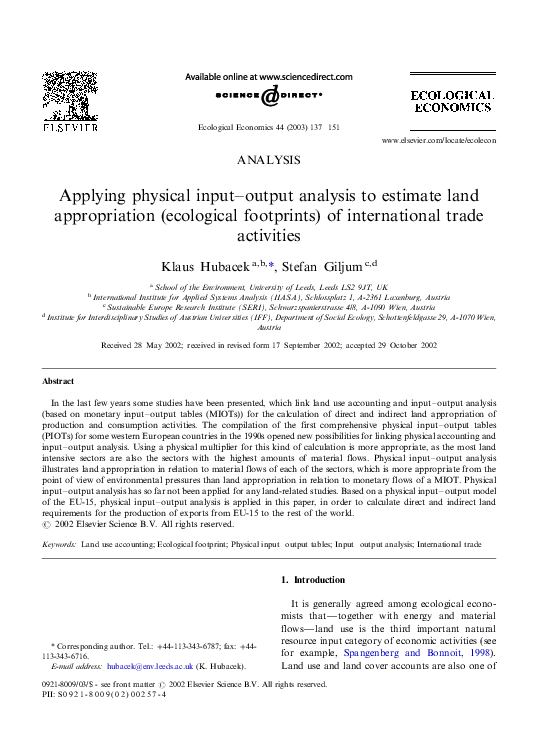 (PDF) Applying Physical Input-Output Analysis to Estimate Land Appropriation (Ecological ...