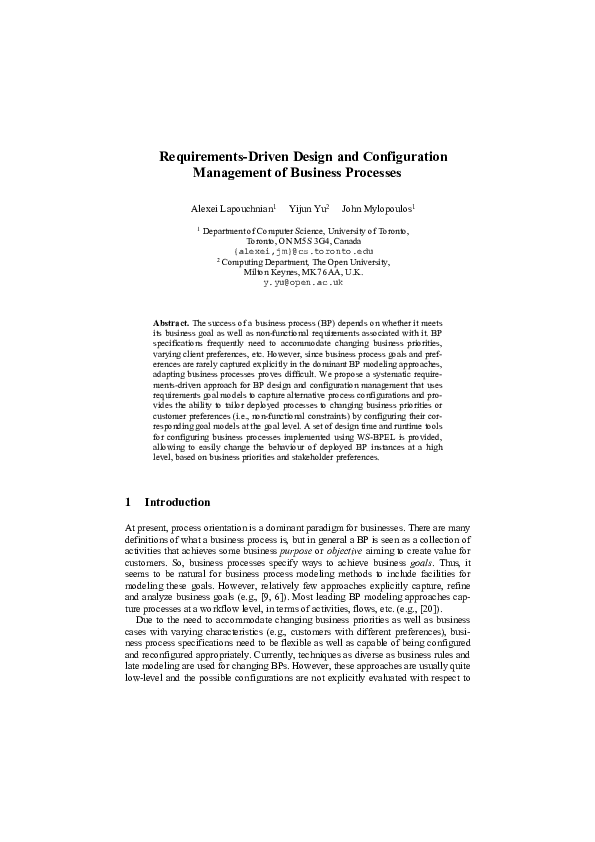 (PDF) Requirements-Driven Design and Configuration Management of Business Processes