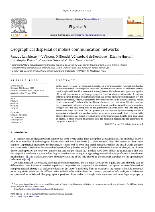 (PDF) Geographical Dispersal of Mobile Communication Networks