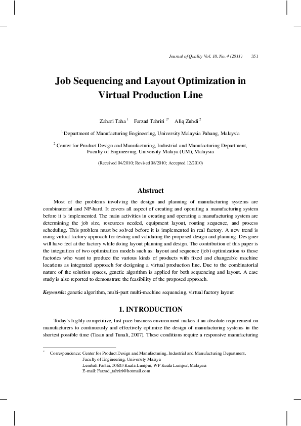 (PDF) Job Sequencing and Layout Optimization in Virtual Production Line