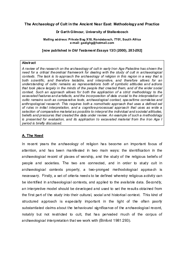 (PDF) The Archaeology of Cult in the Ancient Near East: Methodology and ...