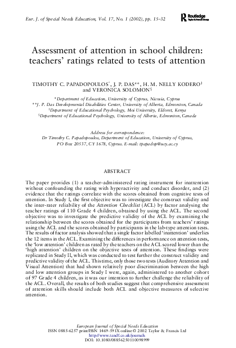 (PDF) Assessment of attention in school children: Teachers' ratings ...