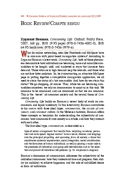 (PDF) Zygmunt Bauman, Consuming Life