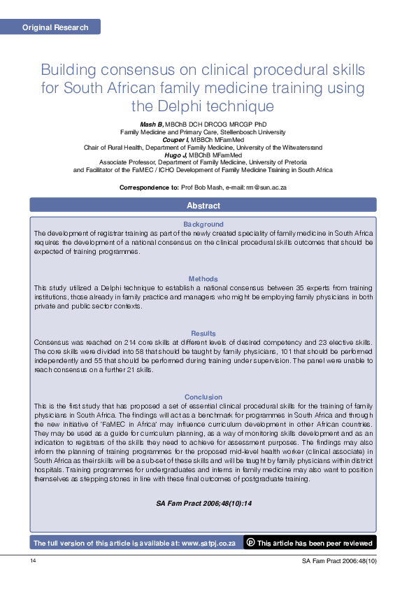 (PDF) Building consensus on clinical procedural skills for South African family medicine ...