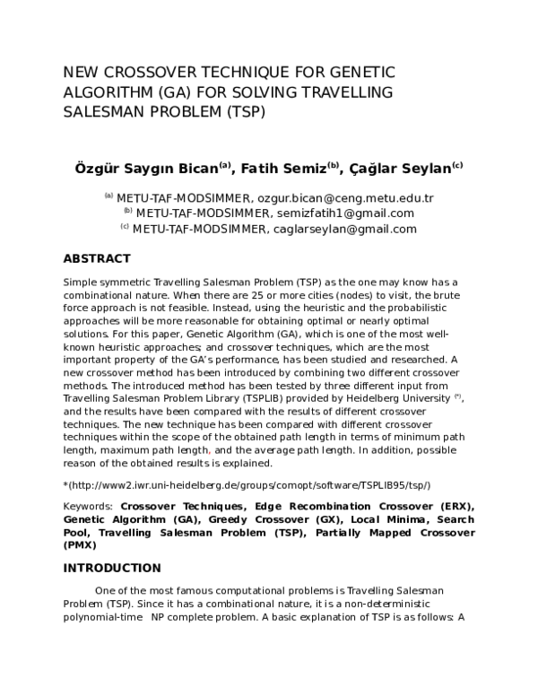 Doc New Crossover Technique For Genetic Algorithm Ga For Solving Travelling Salesman Problem