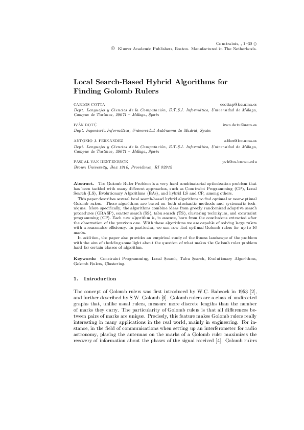 (PDF) Local Search-Based Hybrid Algorithms for Finding Golomb Rulers
