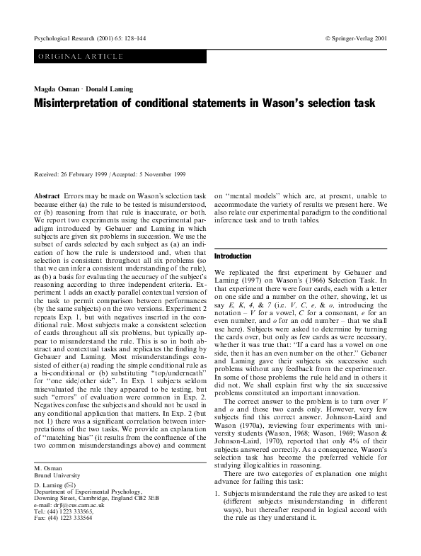 (PDF) Misinterpretation of Conditional Statements In Wason's Selection Task