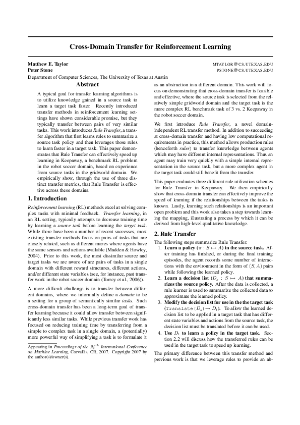 (PDF) Cross-Domain Transfer for Reinforcement Learning