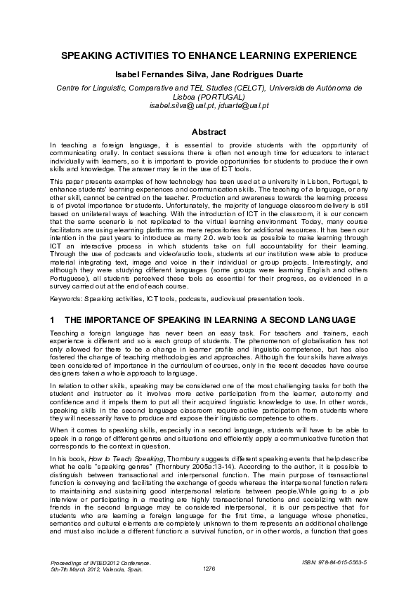 (PDF) Speaking Activities to Enhance Learning Experience (abstract ...