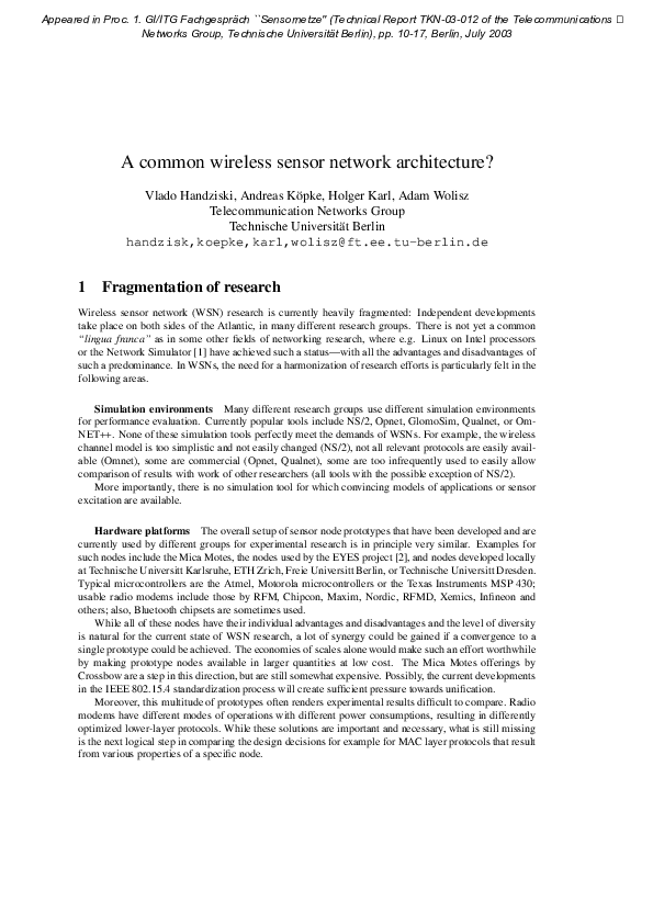 (PDF) A Common Wireless Sensor Network Architecture