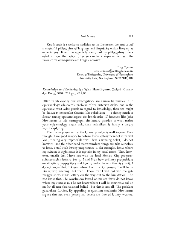 (PDF) Review of John Hawthorne’s Knowledge and Lotteries