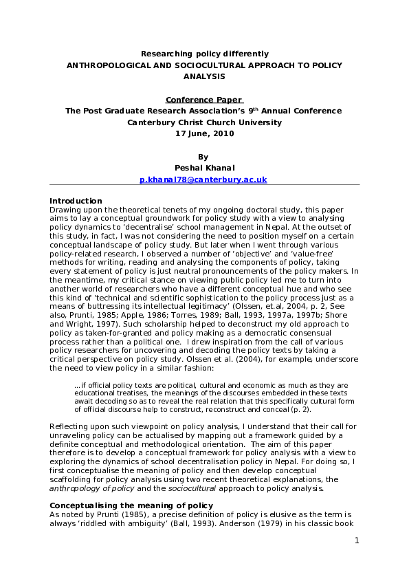 (DOC) Researching policy differently ANTHROPOLOGICAL AND SOCIOCULTURAL ...