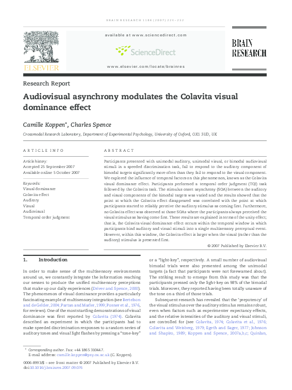 (PDF) Audiovisual asynchrony modulates the Colavita visual dominance effect