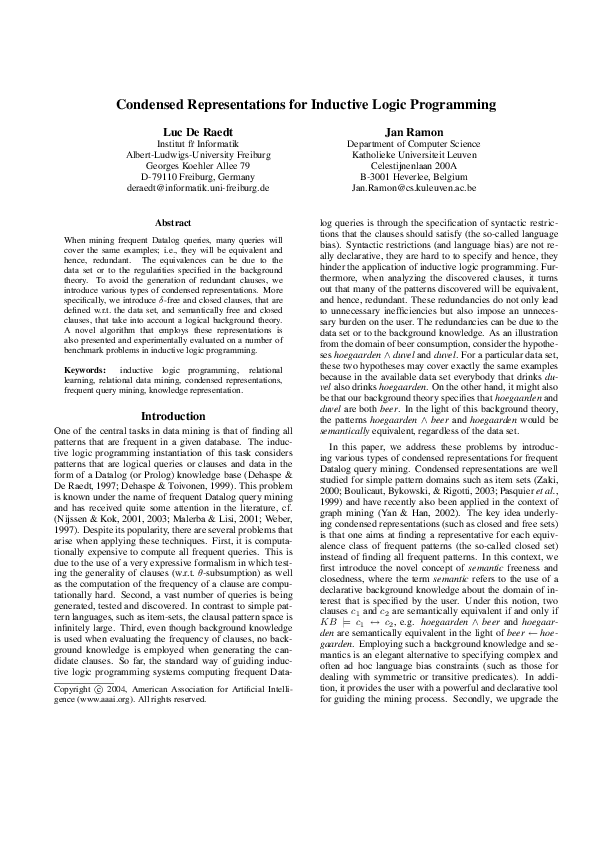Pdf Condensed Representations For Inductive Logic Programming