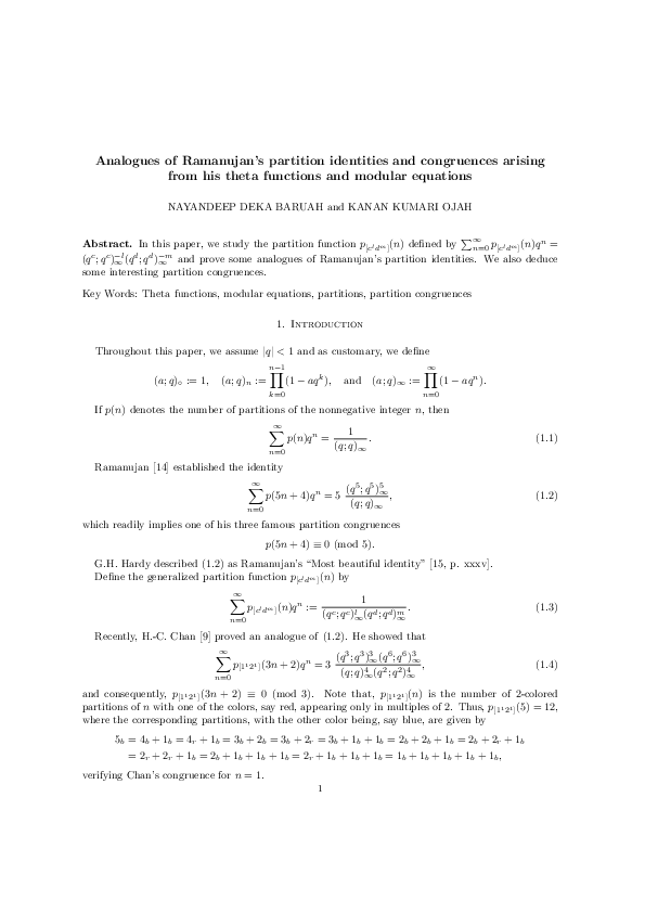 Pdf Analogues Of Ramanujans Partition Identities And Congruences Arising From His Theta 
