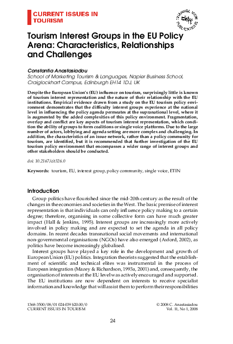 (PDF) Tourism Interest Groups In the EU Policy Arena: Characteristics ...