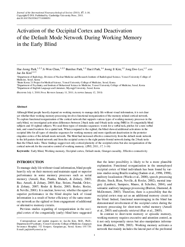 (PDF) Activation of the Occipital Cortex and Deactivation of the Default Mode Network During ...
