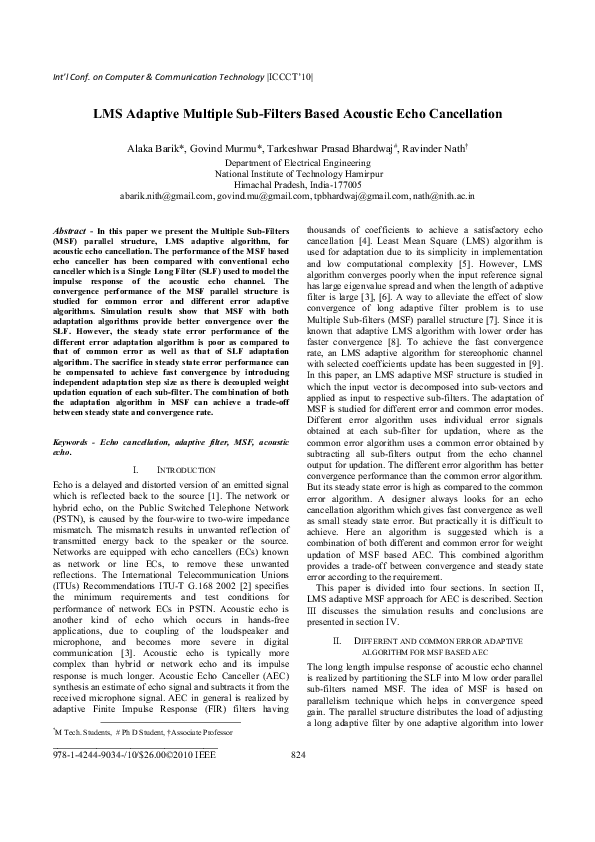 (PDF) LMS Adaptive Multiple Sub-Filters Based Acoustic Echo Cancellation