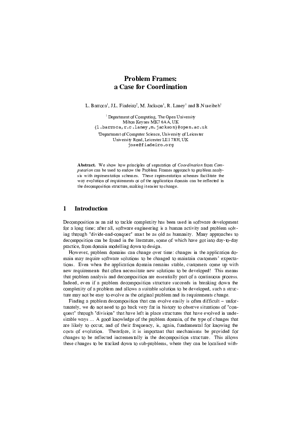 (PDF) Problem Frames: A Case for Coordination