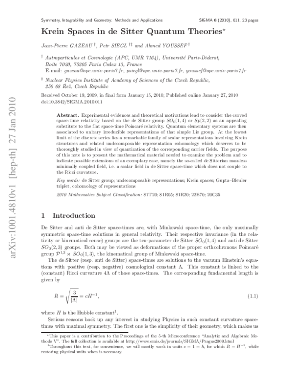 (PDF) Krein Spaces in De Sitter Quantum Theories