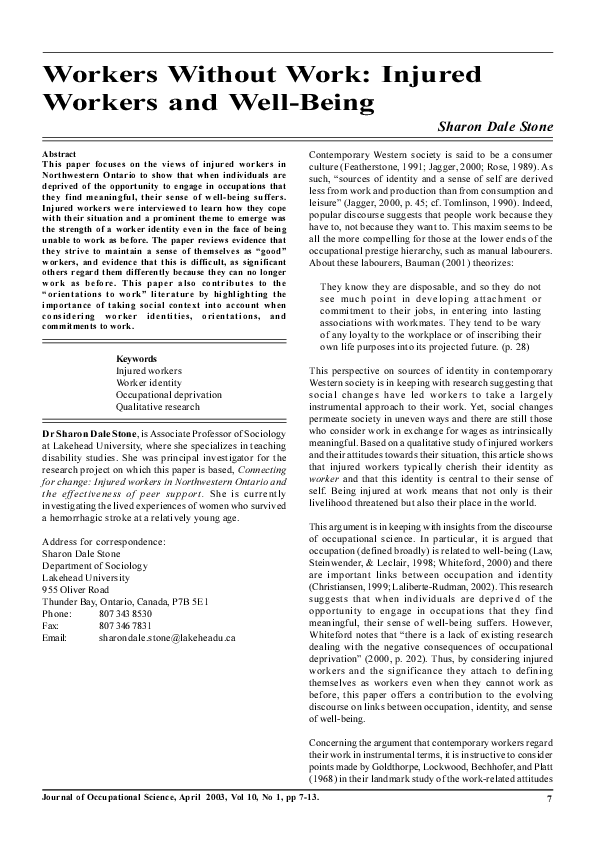 (PDF) Workers without work: Injured workers and well-being