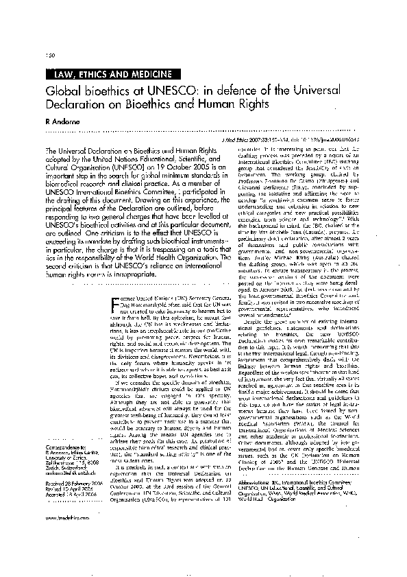 (PDF) Global Bioethics at UNESCO: In Defence of the Universal ...