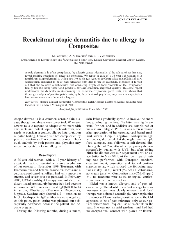(PDF) Recalcitrant atopic dermatitis due to allergy to Compositae