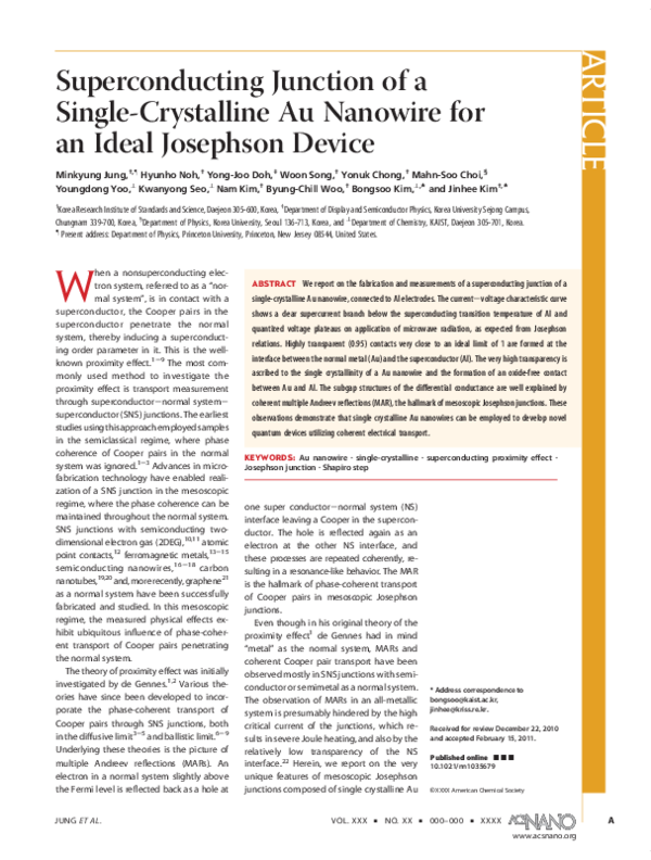 (PDF) Superconducting junction of a single-crystalline Au nanowire for ...