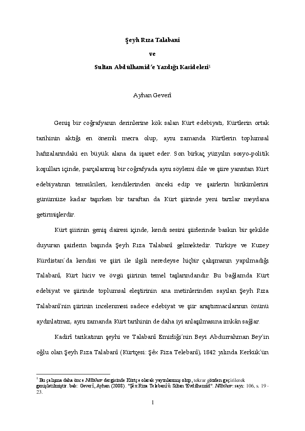 (PDF) Şeyh Riza Talabanî ve Sultan Abdülhamid'e Yazdığı Kasideleri