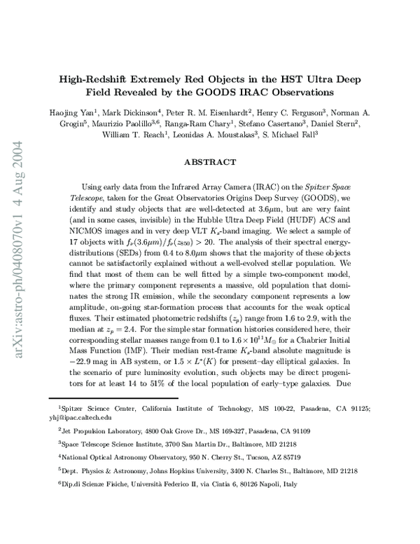 (PDF) High-Redshift Extremely Red Objects In the HST Ultra Deep Field Revealed by the GOODS IRAC ...