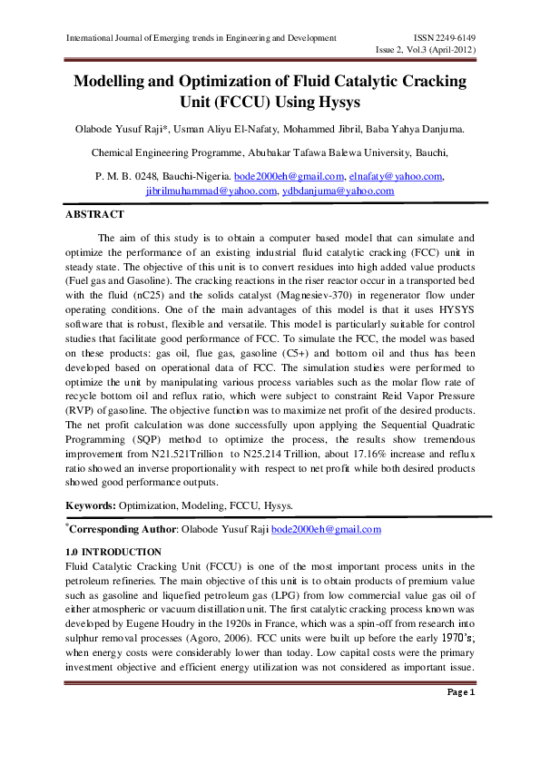 (PDF) Modelling and Optimization of Fluid Catalytic Cracking Unit (FCCU) Using Hysys