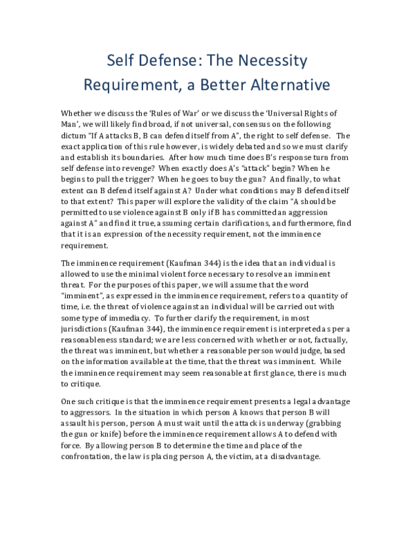 (DOC) Self-Defense: The Necessity Requirement, a Better Alternative