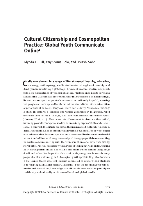 (PDF) Cultural citizenship and cosmopolitan practice: Global youth ...