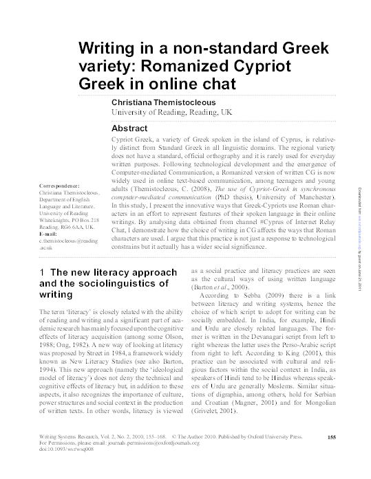 (PDF) Writing in a non-standard Greek variety: Romanized Cypriot Greek in online chat
