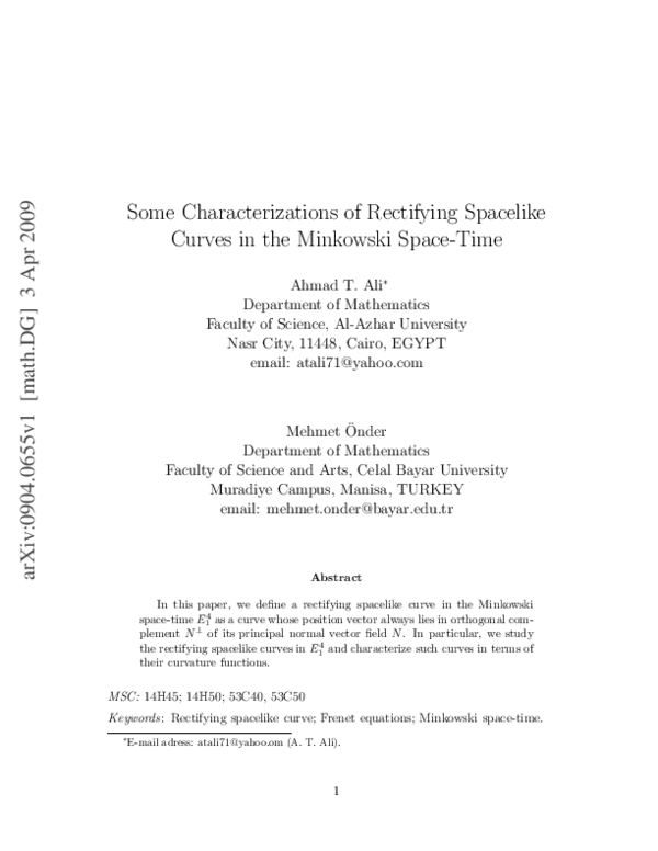 (PDF) Some Characterizations of Rectifying Spacelike Curves in the Minkowski Space-Time