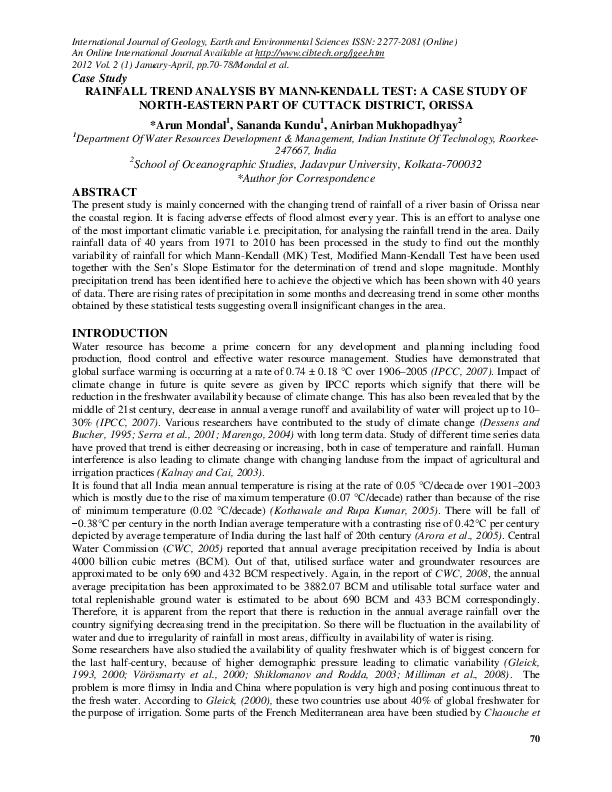 (PDF) RAINFALL TREND ANALYSIS BY MANN-KENDALL TEST: A CASE STUDY OF ...