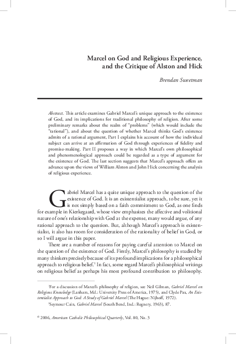 (PDF) ARTICLE: Marcel on God and Religious Experience, and the critique ...