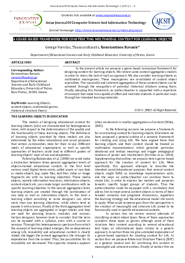 (PDF) A genre-based framework for constructing multimodal content for learning objects