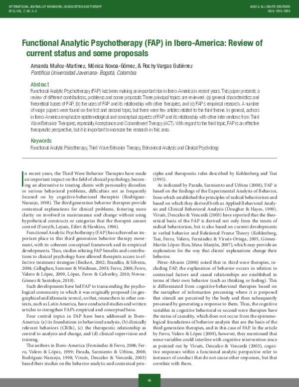 (PDF) Functional Analytic Psychotherapy (FAP) in Ibero-America: Review ...