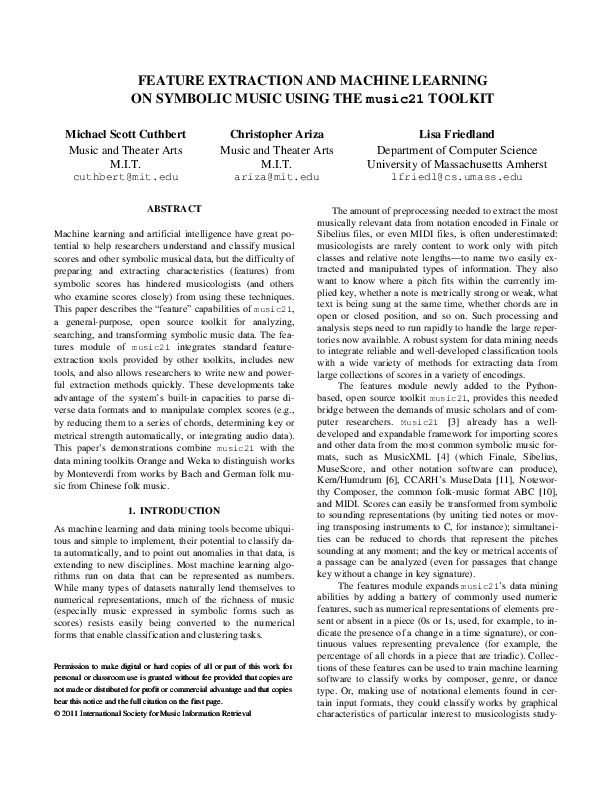 Pdf Feature Extraction And Machine Learning On Symbolic Music Using The Music21 Toolkit