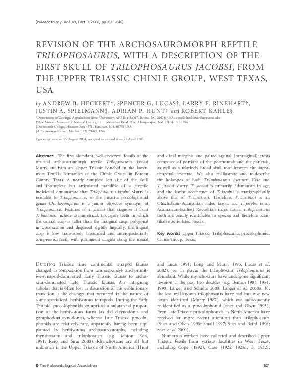 (PDF) Revision of the archosauromorph reptile Trilophosaurus, with a ...