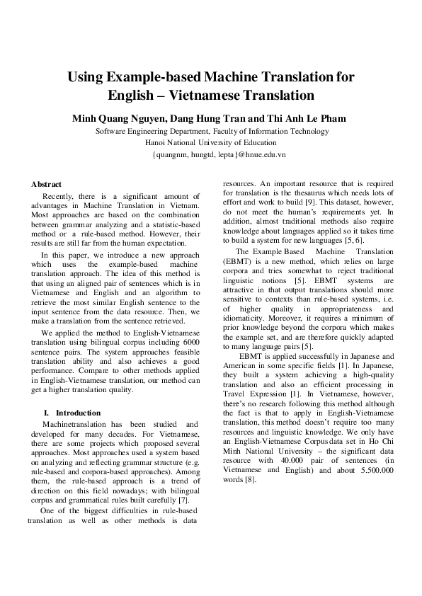 (PDF) Using Example-based Machine Translation for English – Vietnamese Translation