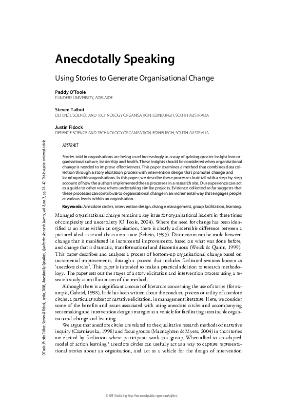 (PDF) Anecdotally speaking: Using stories to generate organisational ...