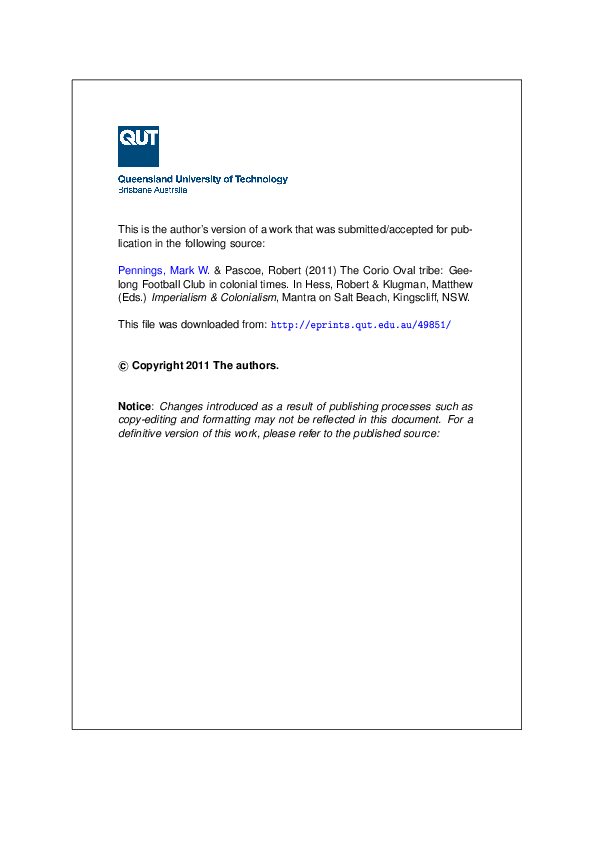 (PDF) The Corio Oval tribe: Geelong Football Club in colonial times