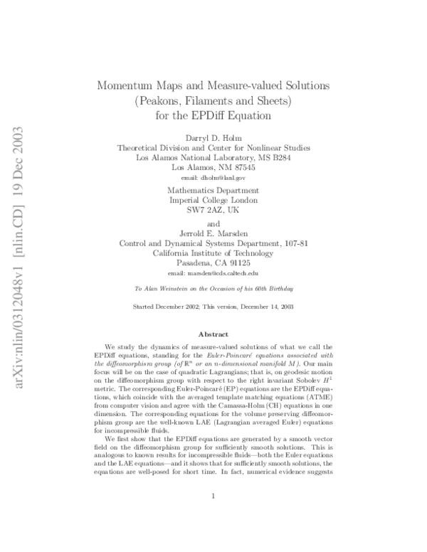 (PDF) Momentum maps and measure-valued solutions (peakons, filaments, and sheets) for the EPDiff ...