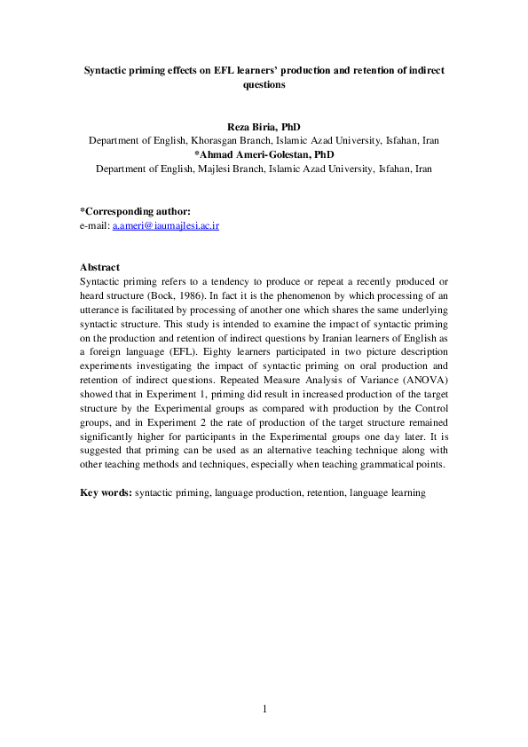 (PDF) The Persistence of Structural Priming: An EFL Perspective | Ahmad Ameri-Golestan ...