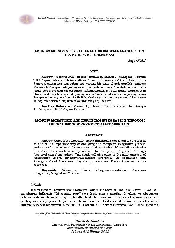 (PDF) ANDREW MORAVCSİK VE LİBERAL HÜKÜMETLERARASI SİSTEM
