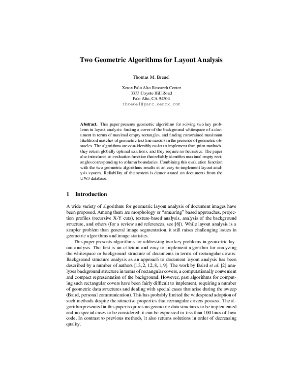 (PDF) Two geometric algorithms for layout analysis