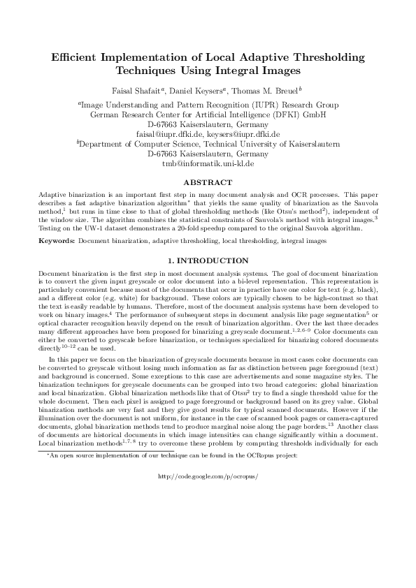 (PDF) Efficient implementation of local adaptive thresholding techniques using integral images